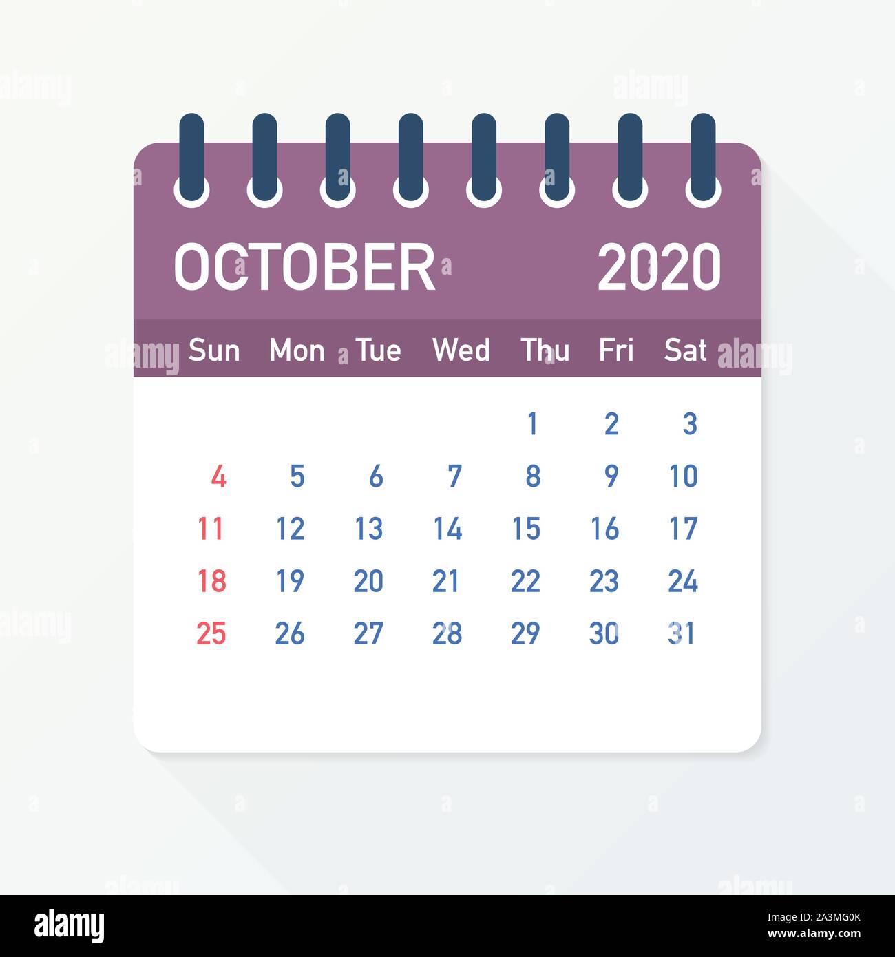 Oktober 2020 Kalender Blatt. Kalender 2020 im flachen Stil. Vector ...