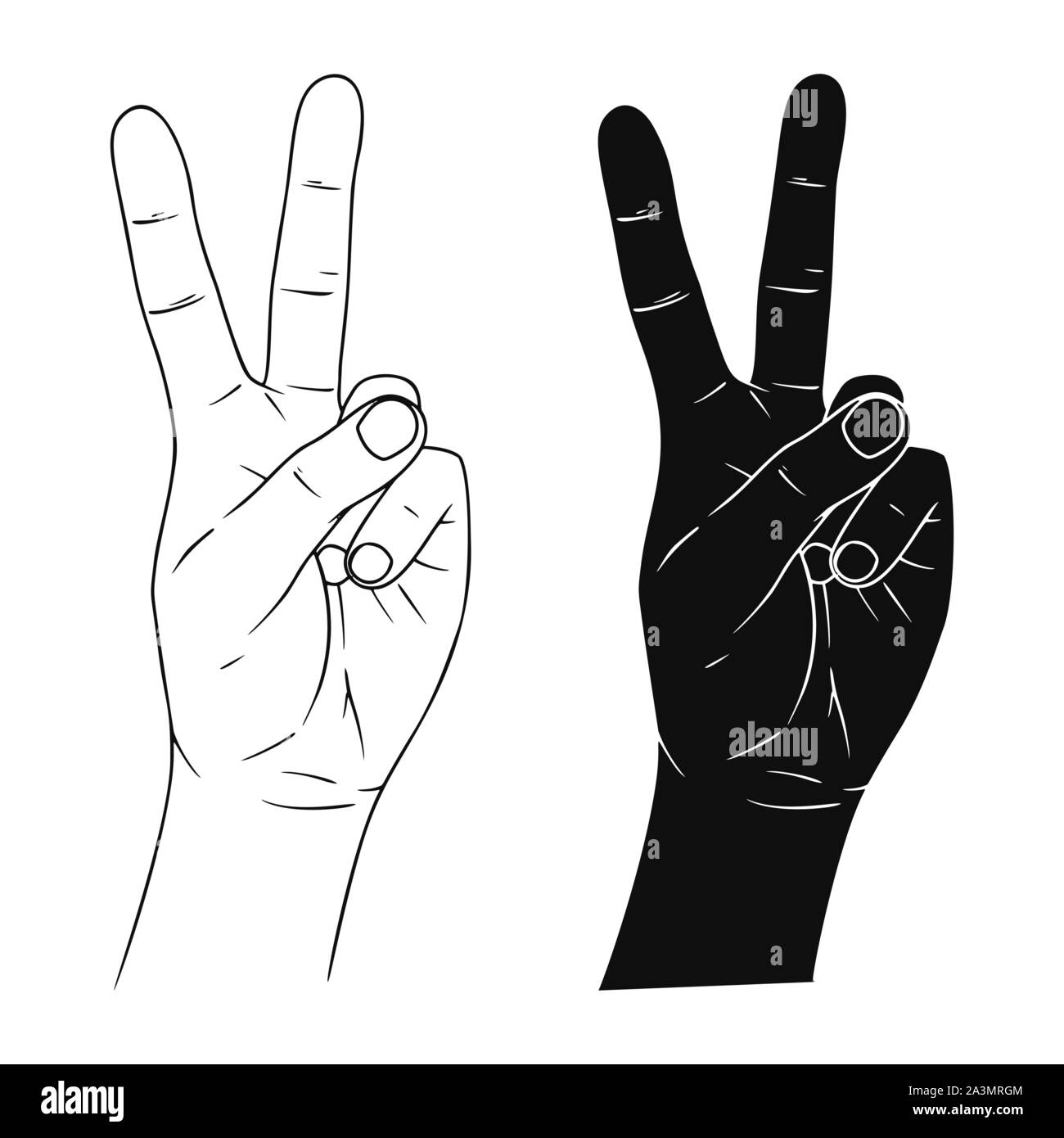 Handzeichen Sieg oder Frieden und Schere. Vector Illustration in Skizze ...