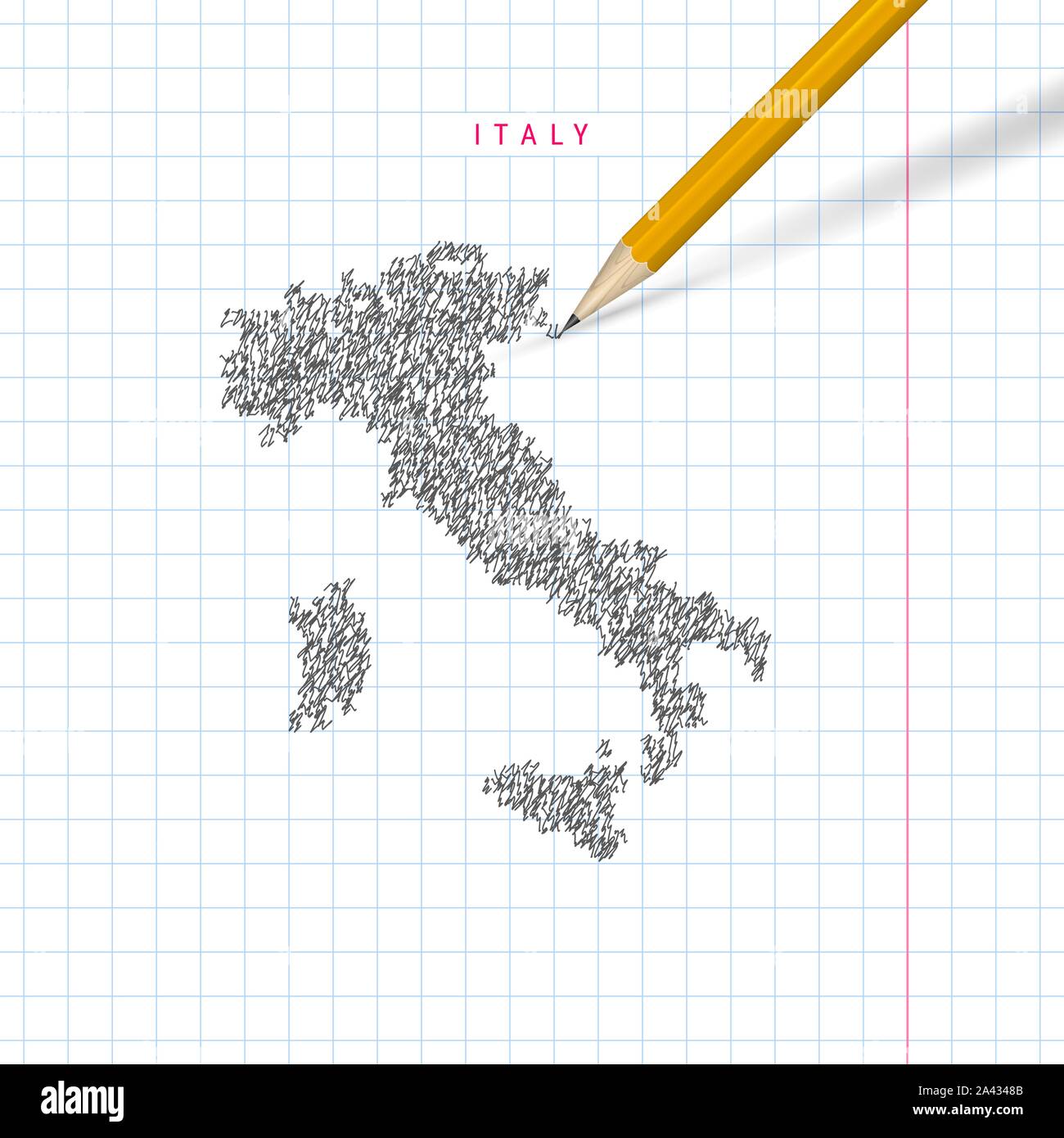 Italien Skizze scribble Karte auf karierten Schule notebook Papier Hintergrund dargestellt. Hand ...