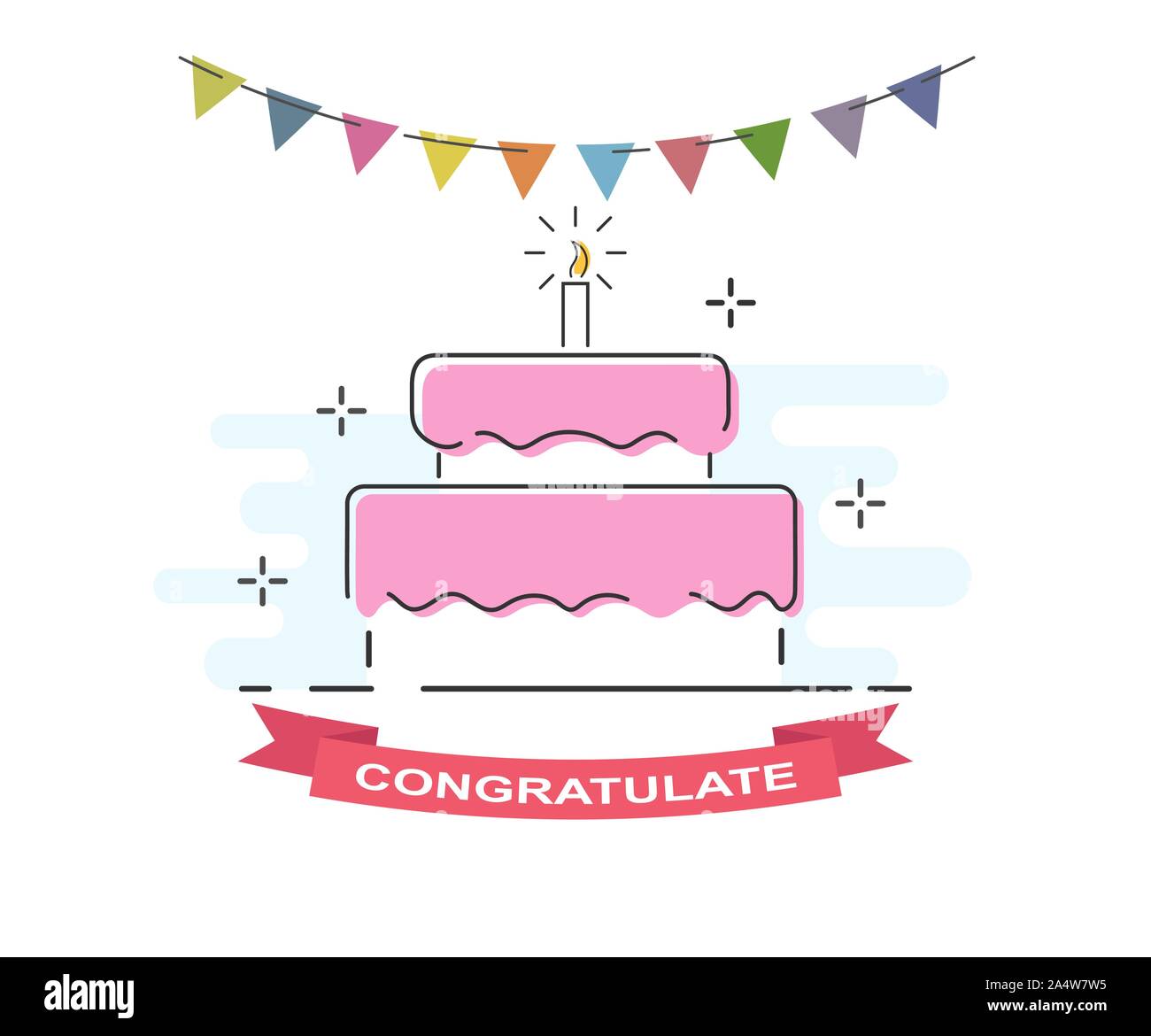 Kuchen mit einer Kerze, einen Kranz von Flaggen und ein Band mit der ...