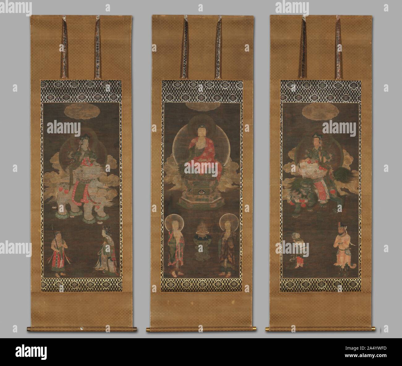 Shakyamuni Triade: Buddha im Beisein von Manjushri und Samantabhadra, Ende 1300. Dieses ...