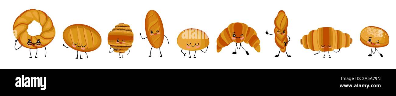 Lustige Bäckerei Lebensmittel mit unterschiedlichen Emotionen. Vektor ...