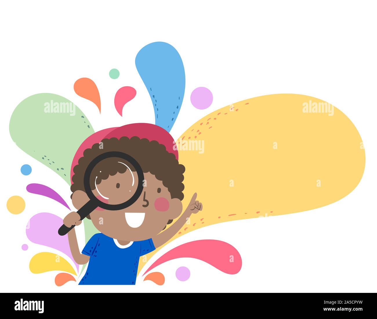 Abbildung: ein Kind Junge Holding eine Lupe und Zeigen mit bunten ...