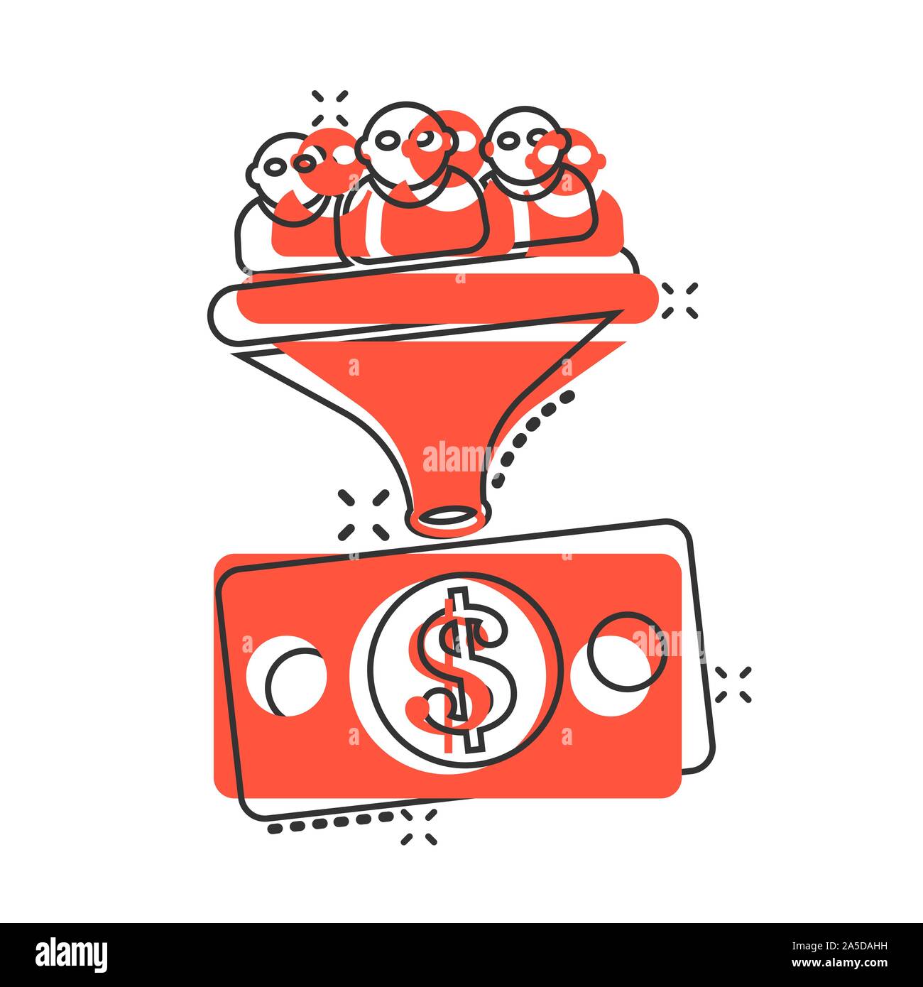 Lead Management Symbol im Comic-stil. Trichter mit Menschen, Geld ...