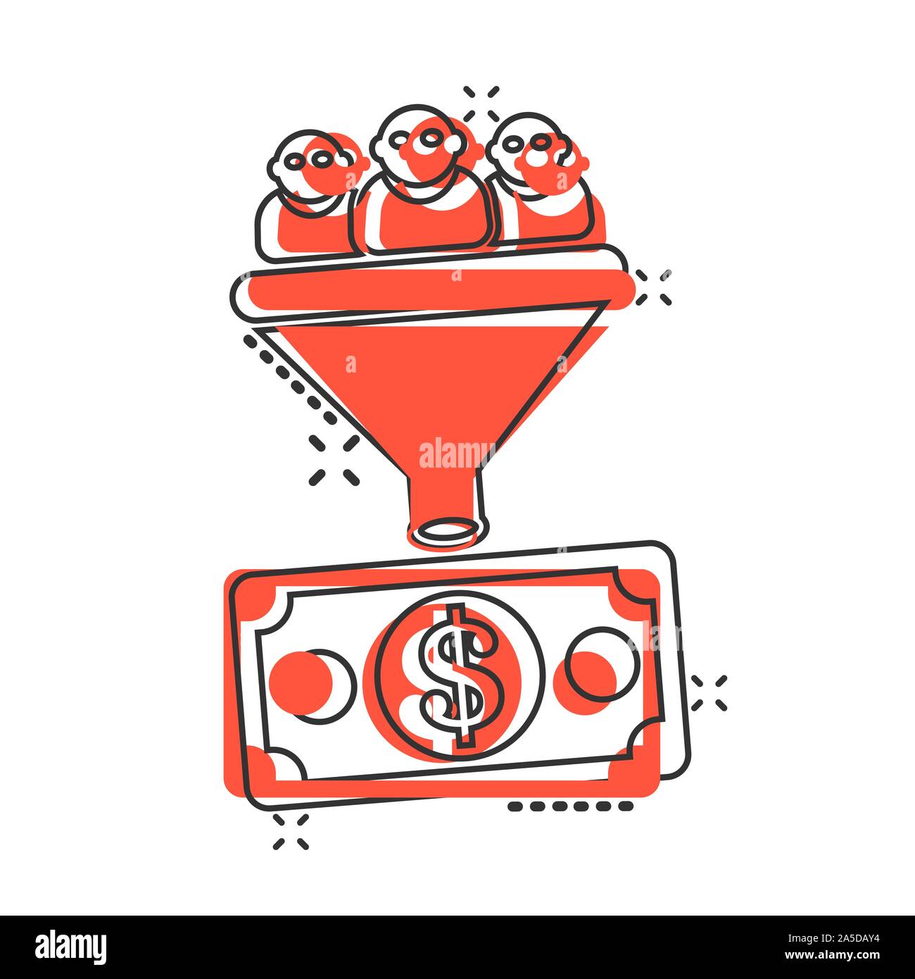 Lead Management Symbol im Comic-stil. Trichter mit Menschen, Geld ...