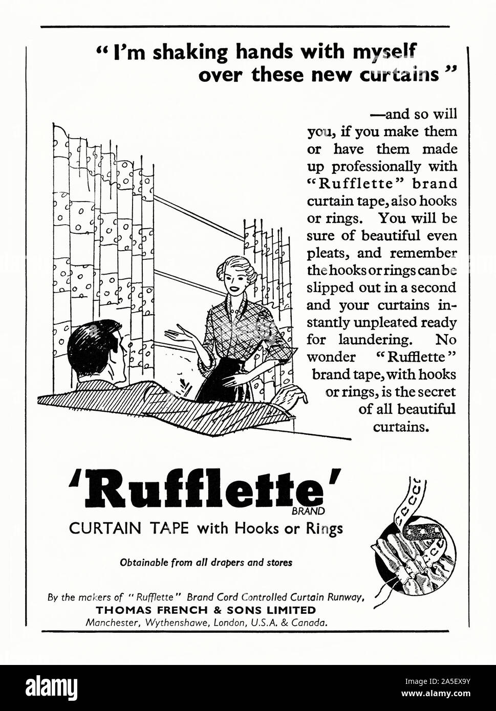 Anzeige für Rufflette Vorhang Tape, 1951. Die Abbildung zeigt eine Frau ...