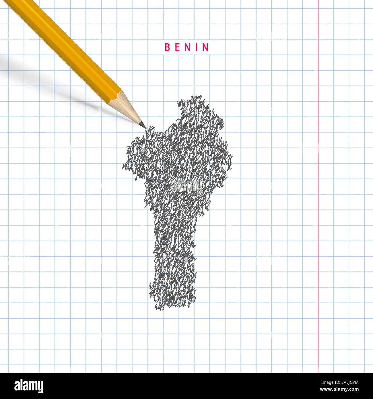Benin Skizze scribble Karte auf karierten Schule notebook Papier Hintergrund dargestellt. Hand ...