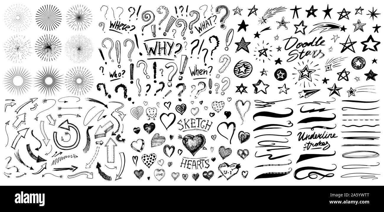 Frage Ausrufezeichen, Unterstreichen und Herz, Stern und Marker Pinsel ...