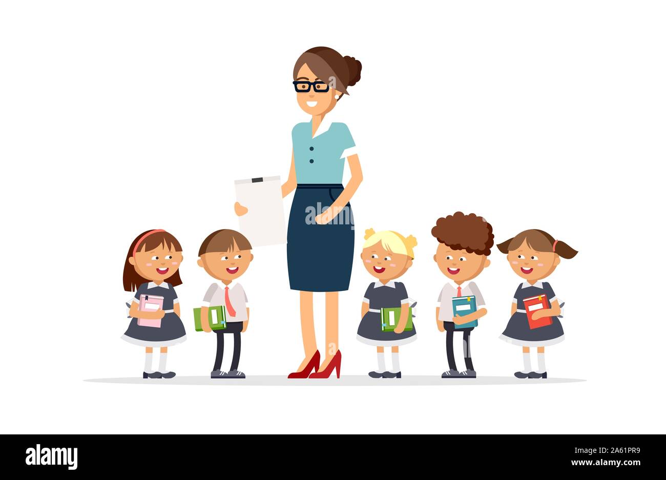 Lehrer und Schüler der Grundschule zusammen in einem Klassenzimmer. Jungen und Mädchen in ...