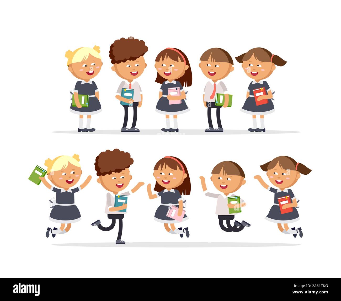 Gruppe der Grundschüler. Jungen und Mädchen in Schuluniformen gekleidet sind, Lehrbücher ...