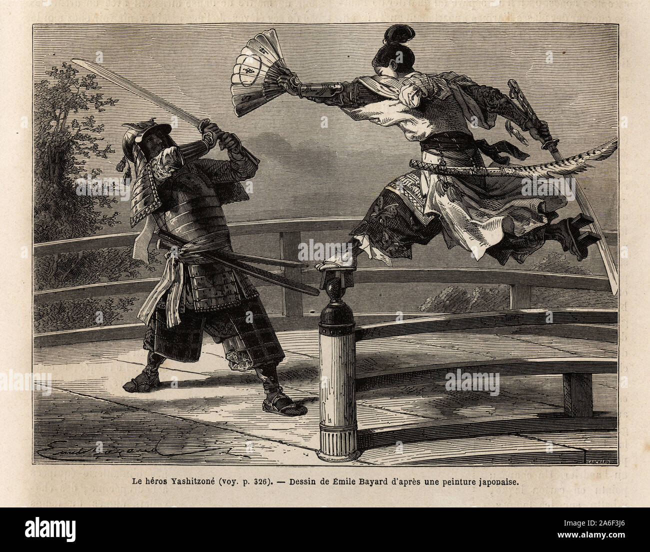 Le Samourai Yashitsune en Equilibre sur le Barrière d'un Pont, attaque ...