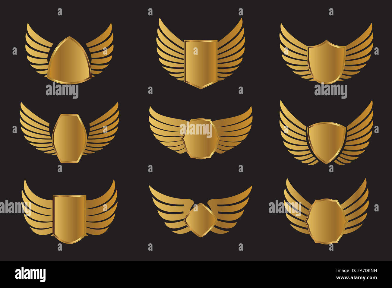 Satz von Golden Wings mit Schild. Vector Illustration und Umrisse ...