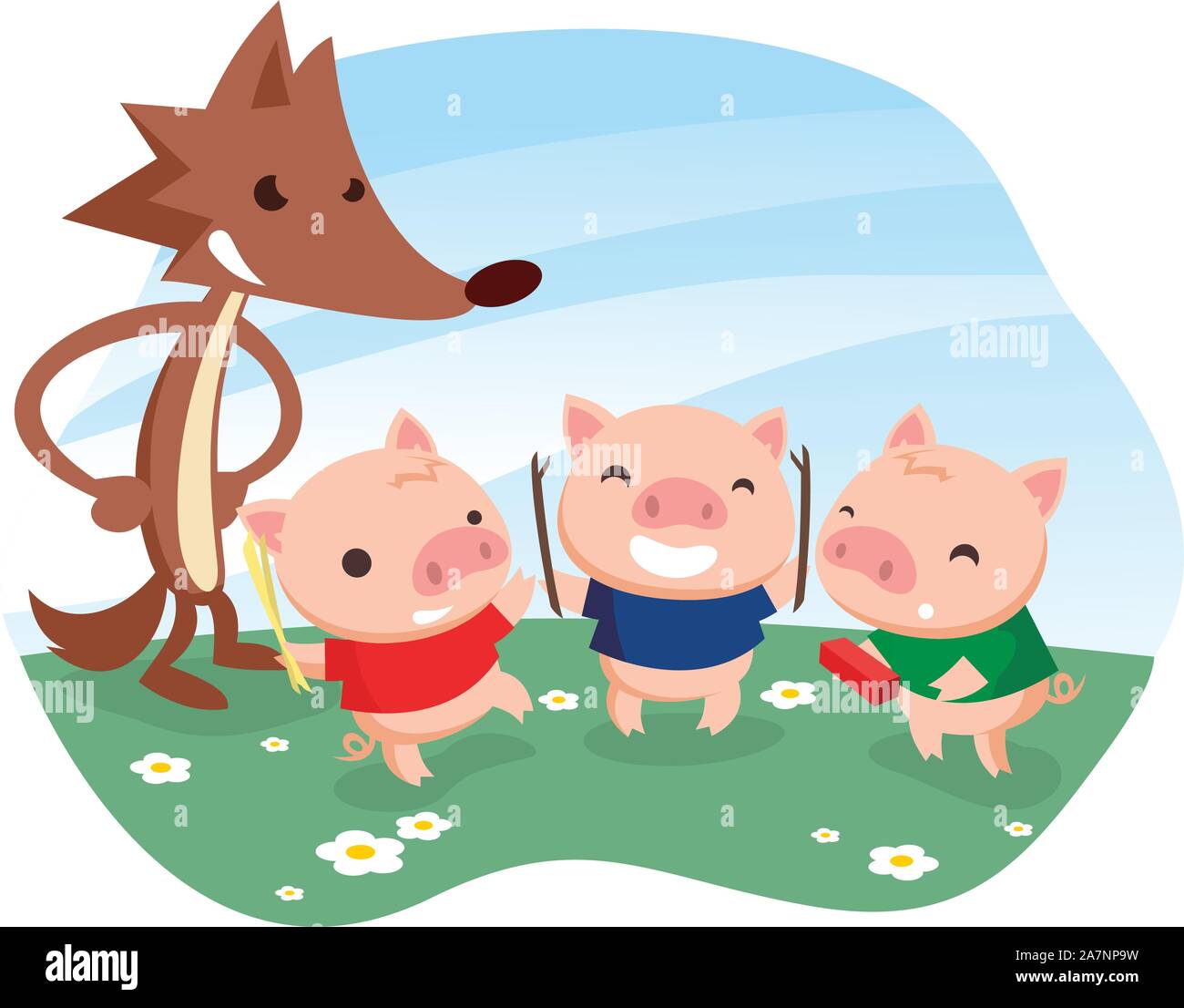 Drei kleine Schweinchen Fabel mit cartoon Wolf Stock-Vektorgrafik - Alamy