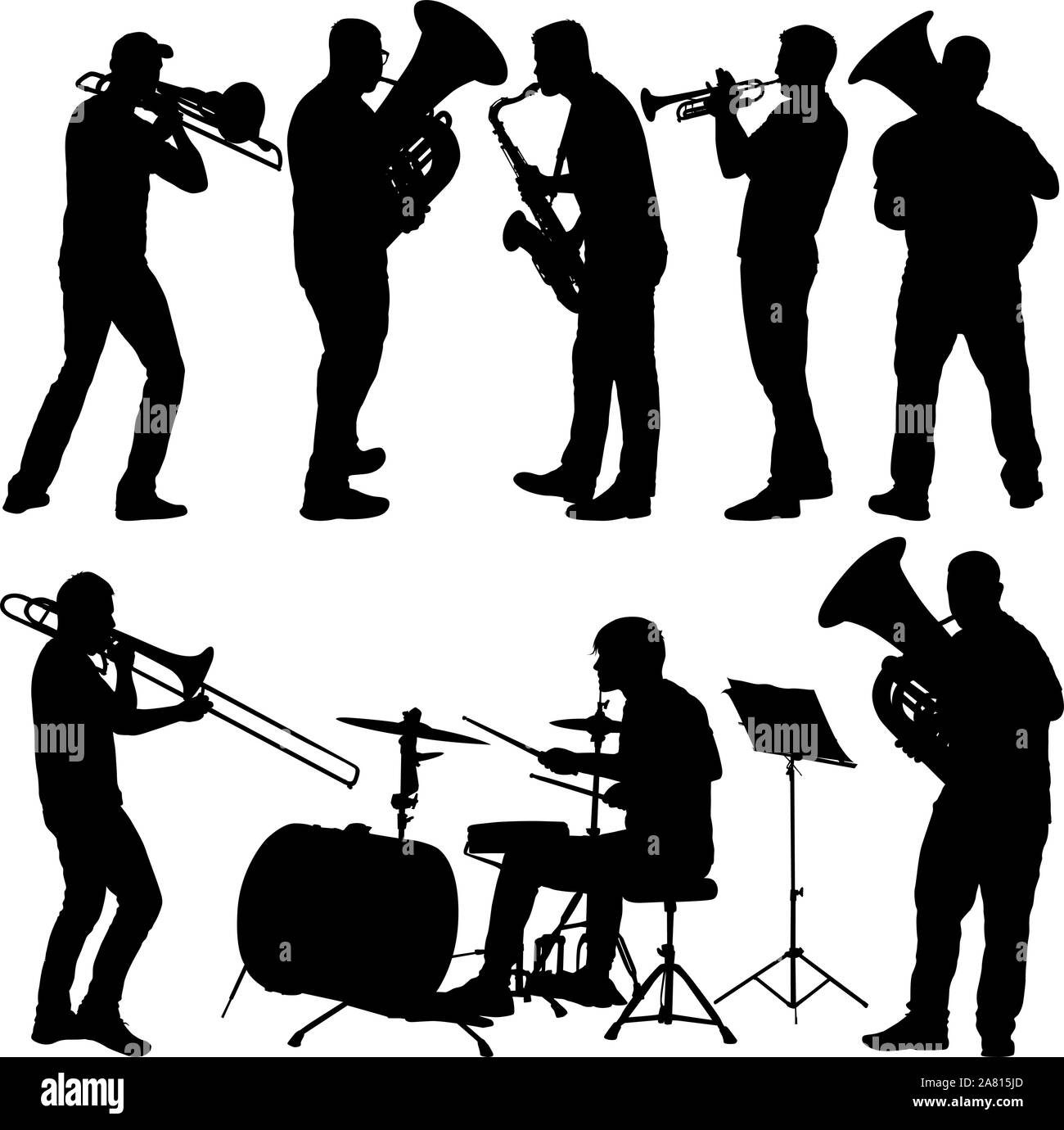 Set Silhouette der Musiker spielen auf der Posaune, Schlagzeug, Tuba ...