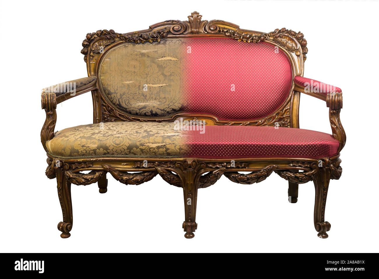 Antik Vintage Sofa vor und nach der Restaurierung, in einem einzigen ...