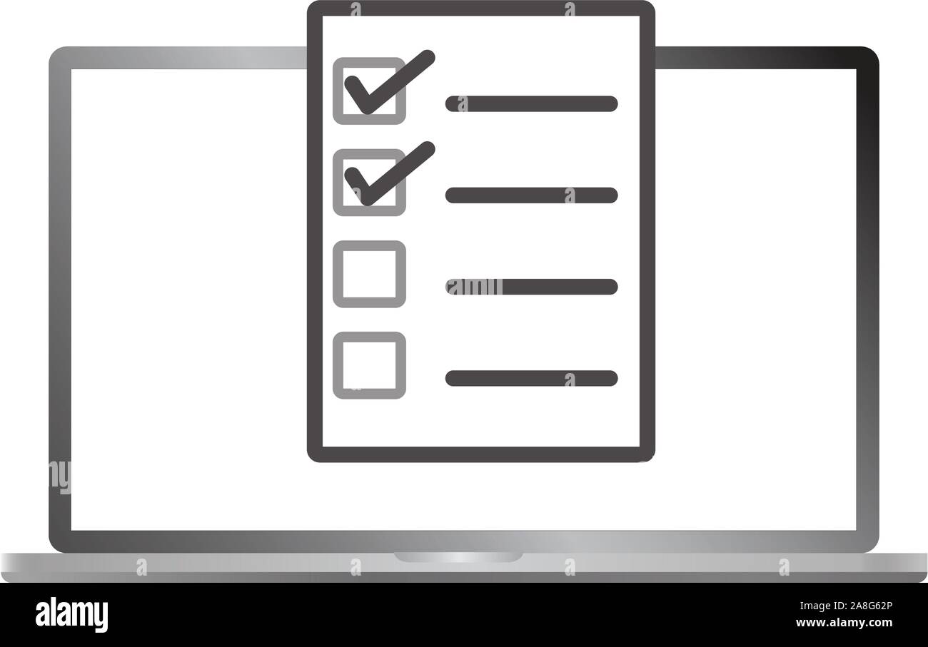 Umfrage auf Laptop auf weißem Hintergrund. online-Formular Symbol. Flat ...