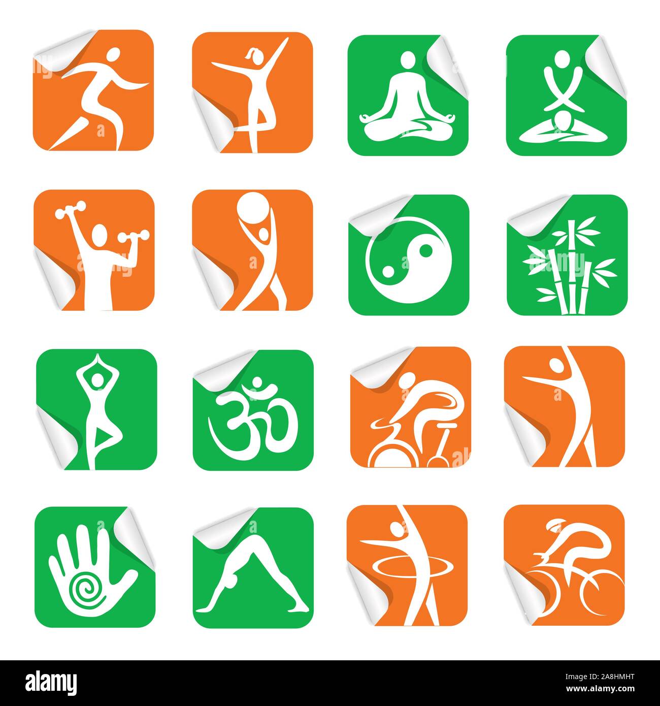 Aufkleber mit Yoga Spa Fitness Symbole. Set aus bunten Square Aufkleber ...