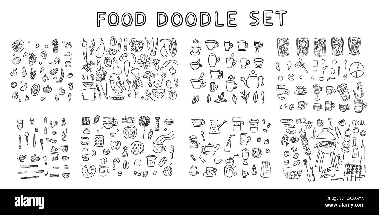 Satz von Essen doodles. Hand gezeichneten Symbole. Vector Illustration ...