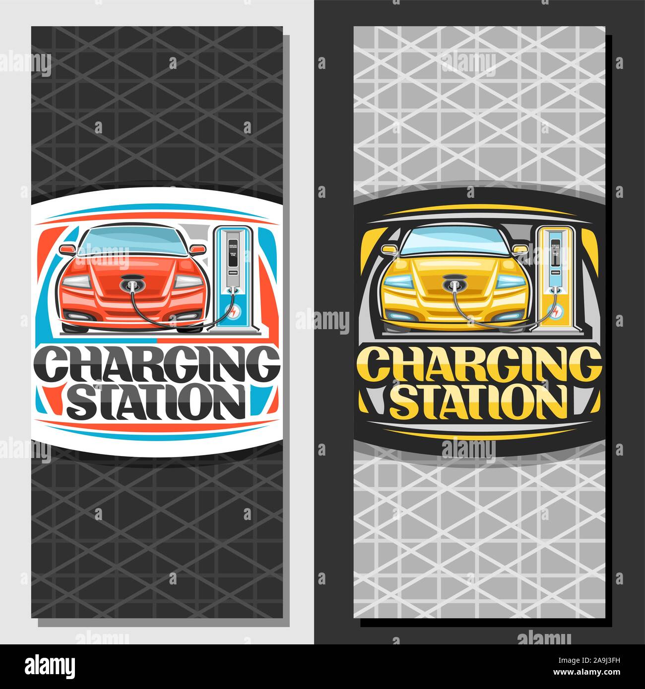 Vektor Layouts für Elektroauto Ladestation, design Schild mit Cartoon ...