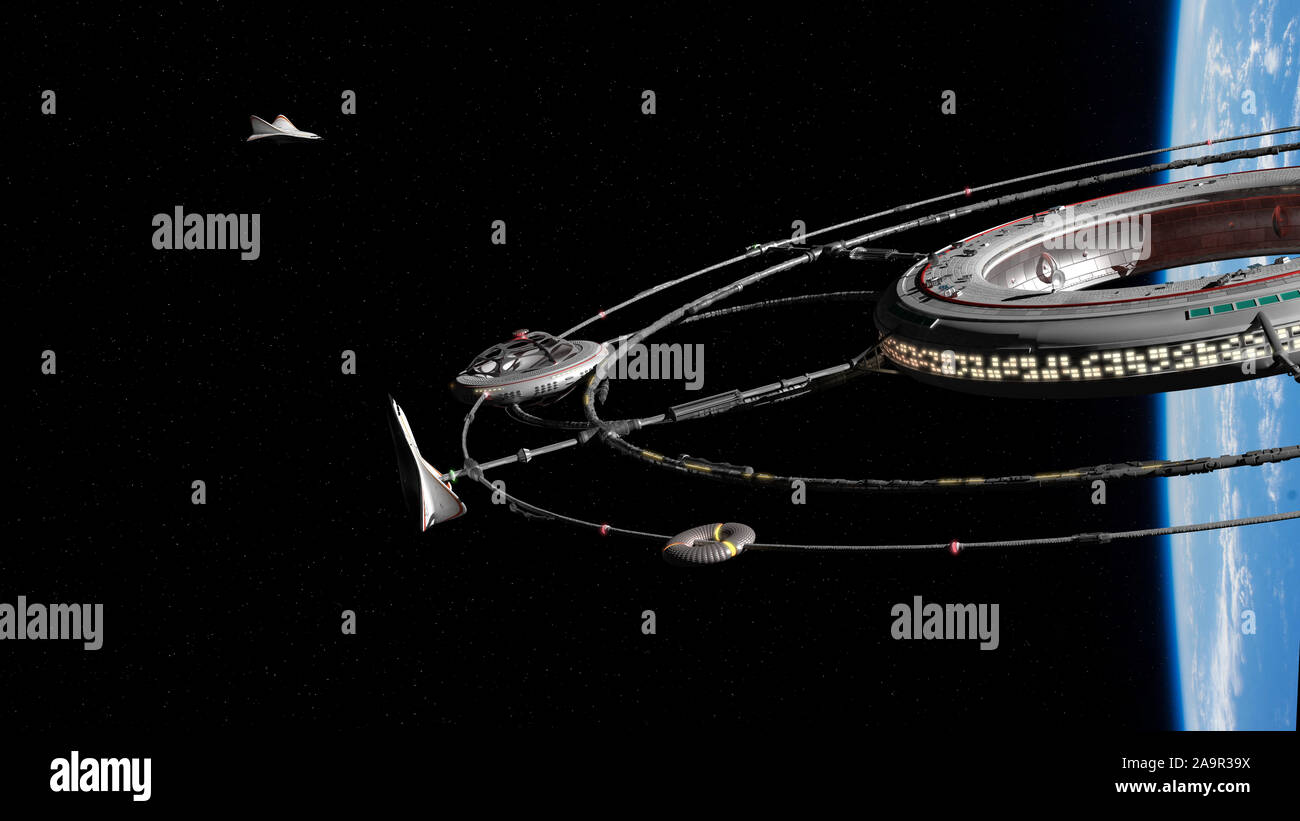 Space station und mehrere Raumschiffe in der Umlaufbahn des Planeten ...