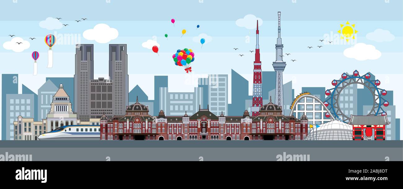 Tokio Skyline, Zentrum von Tokio, Tokio Sehenswürdigkeiten. Vector ...