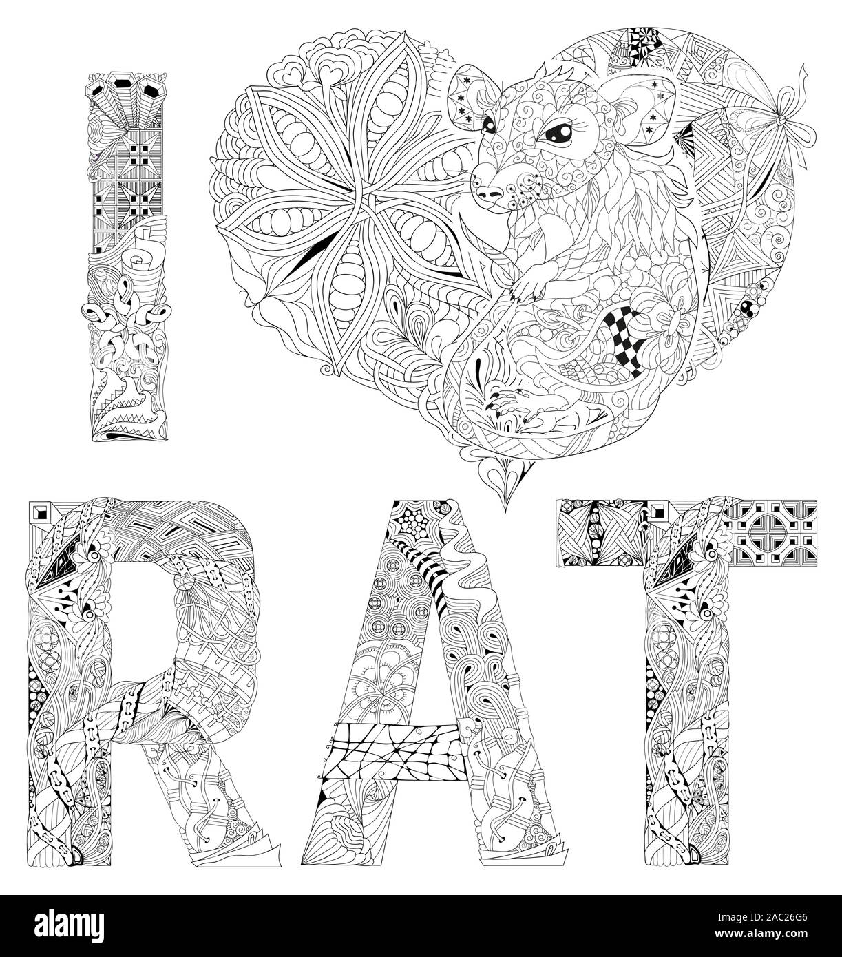 Ich liebe Ratte mit einer Zeichnung von einer Ratte. Hand gezeichnet ...