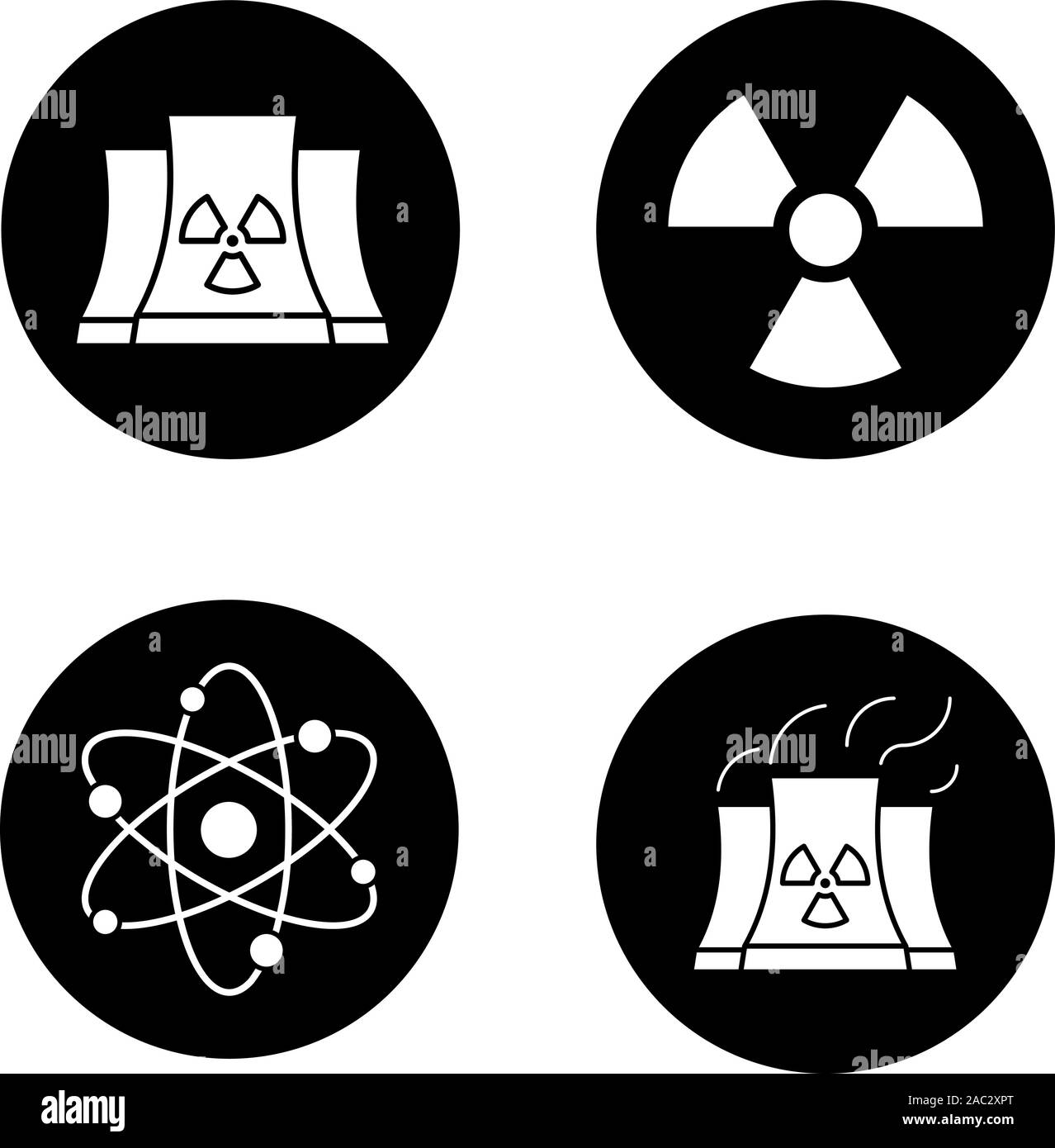 Atomenergie Symbole gesetzt. Kernkraftwerk mit Rauch, Strahlung und ...