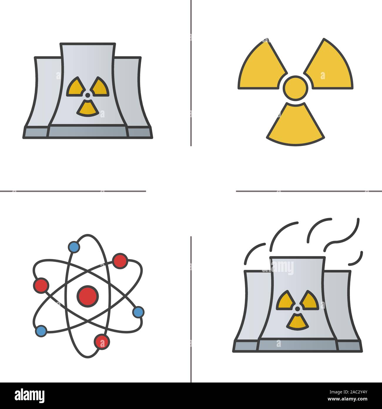 Atomenergie farbige Symbole gesetzt. Kernkraftwerk mit Rauch, Strahlung ...