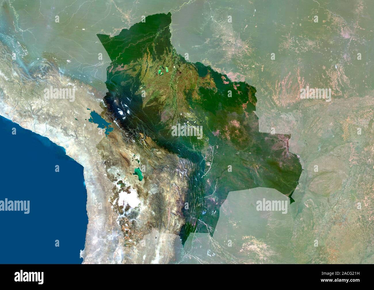 Bolivien, Satellitenbild. Norden ist oben. Wasser ist blau, Vegetation ...