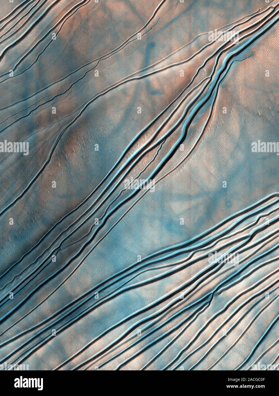Wasserrinnen auf dem Mars Sanddüne. Sat-Bild von Wasserrinnen auf einer ... Wasserrinnen auf dem Mars Sanddüne. Sat-Bild von Wasserrinnen auf einer ...