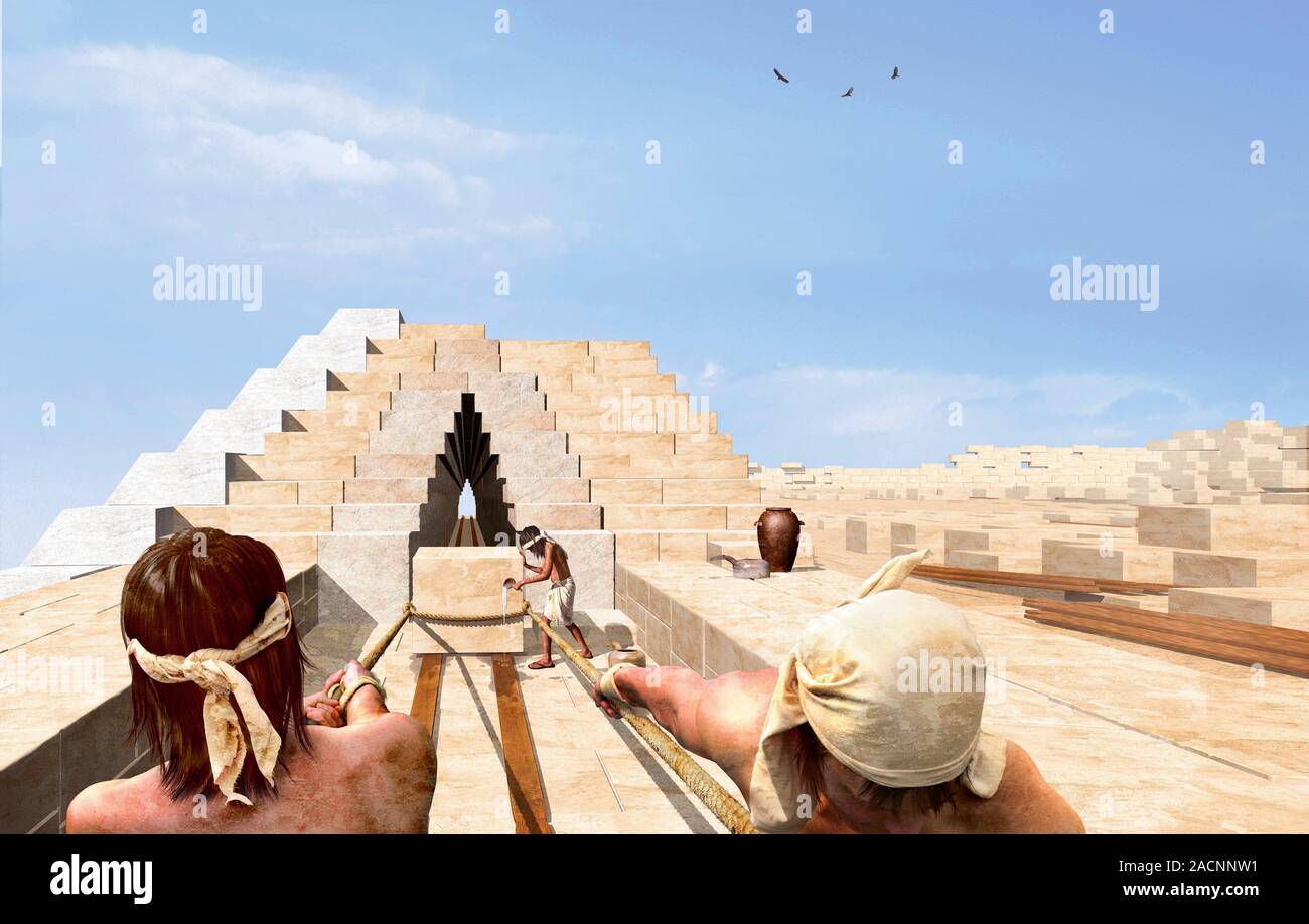 Bau der Pyramiden. Computer Artwork zeigt die Arbeiter den Bau der ...