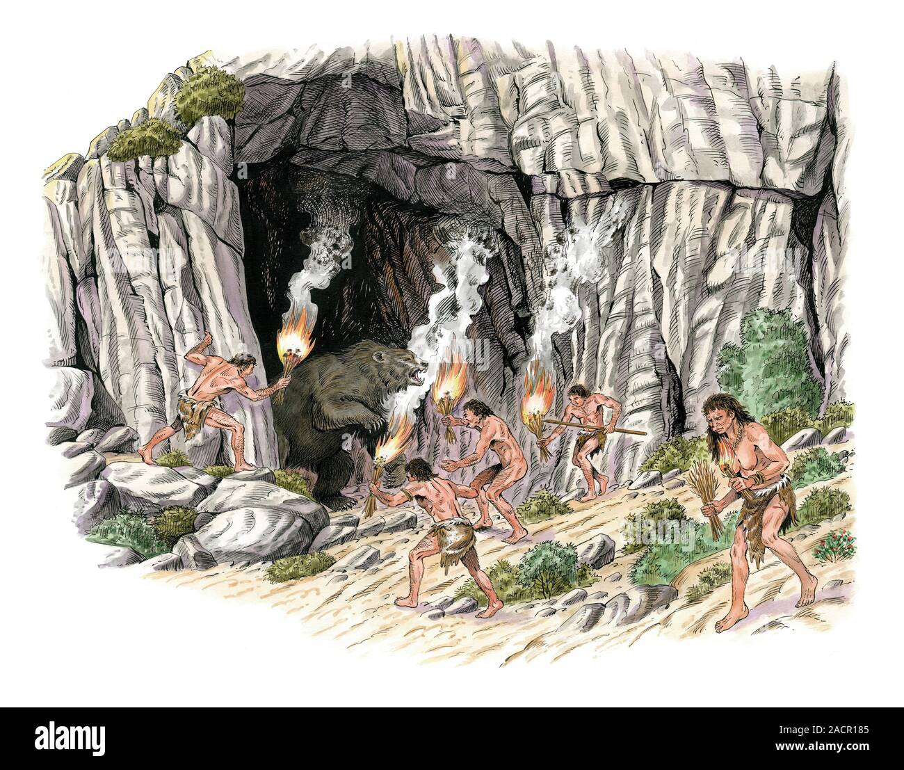 Paläolithikum Menschen und Bären. Kunstwerke von Menschen mit Feuer ...