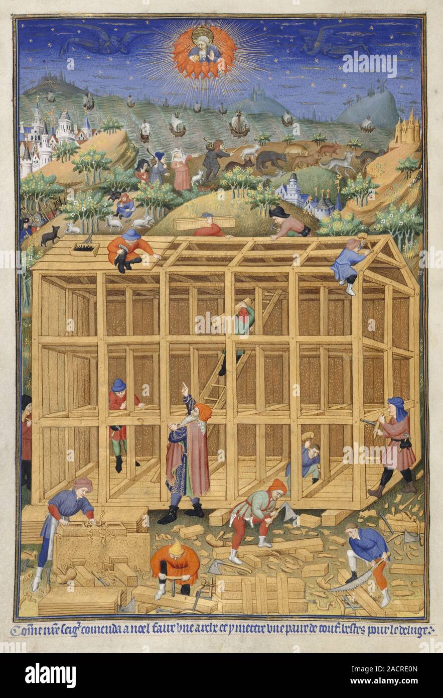 Der Bau der Arche Noah, Ganze folio Alte Testament Miniatur. Das ...