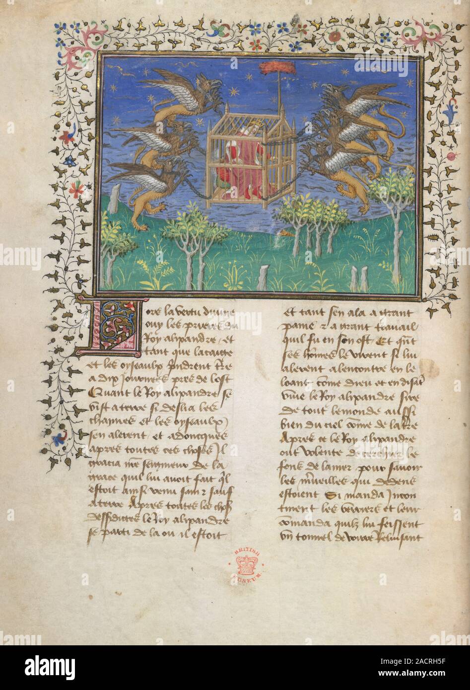 Alexander von greife, (Ganze folio) Alexander der Große in einem Käfig ...