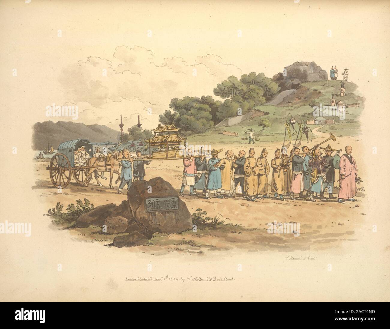 Ein Trauerzug, der Führer der Prozession ist ein Priester, der trägt ...