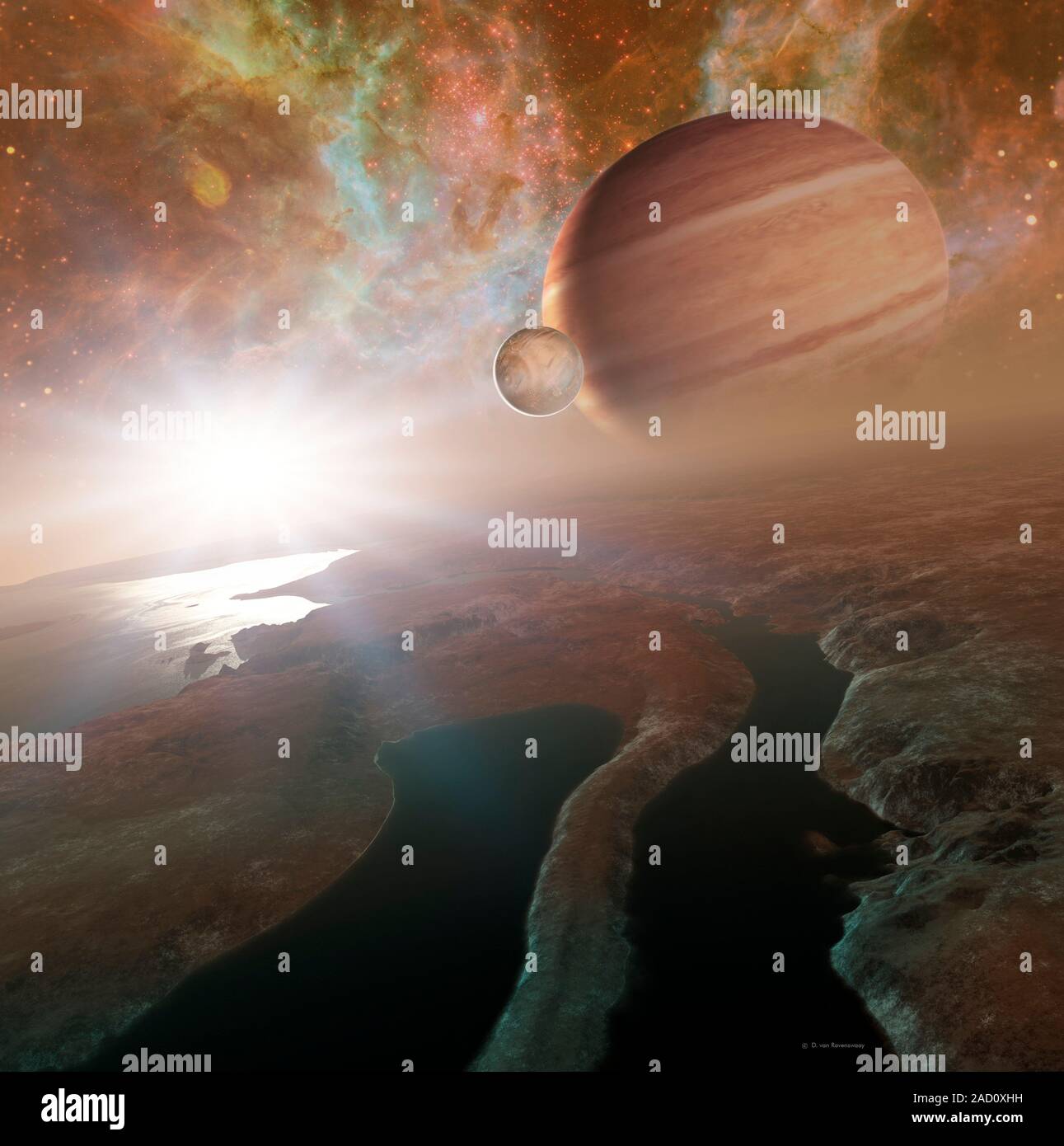 Alien Planetensystem. Computer Abbildung: Ein Blick über die felsige ...