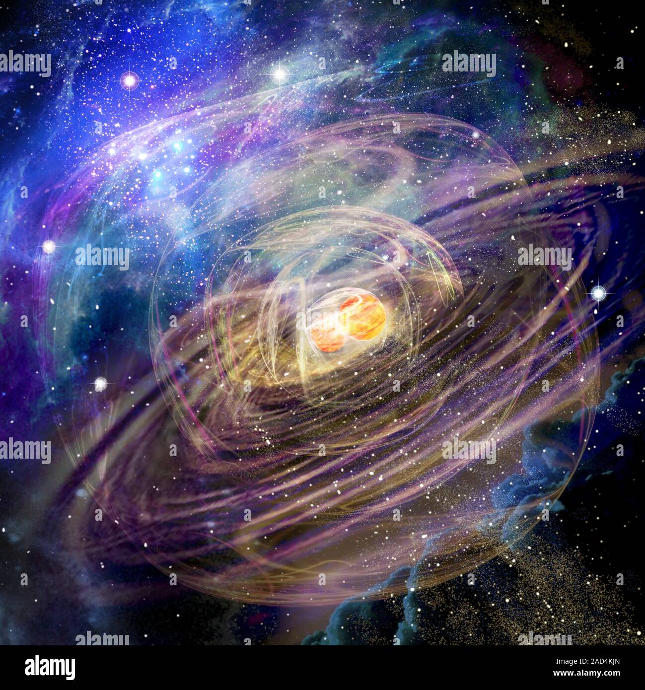 Gravitationswellen. Abbildung von zwei Neutronensterne kollidieren und ...