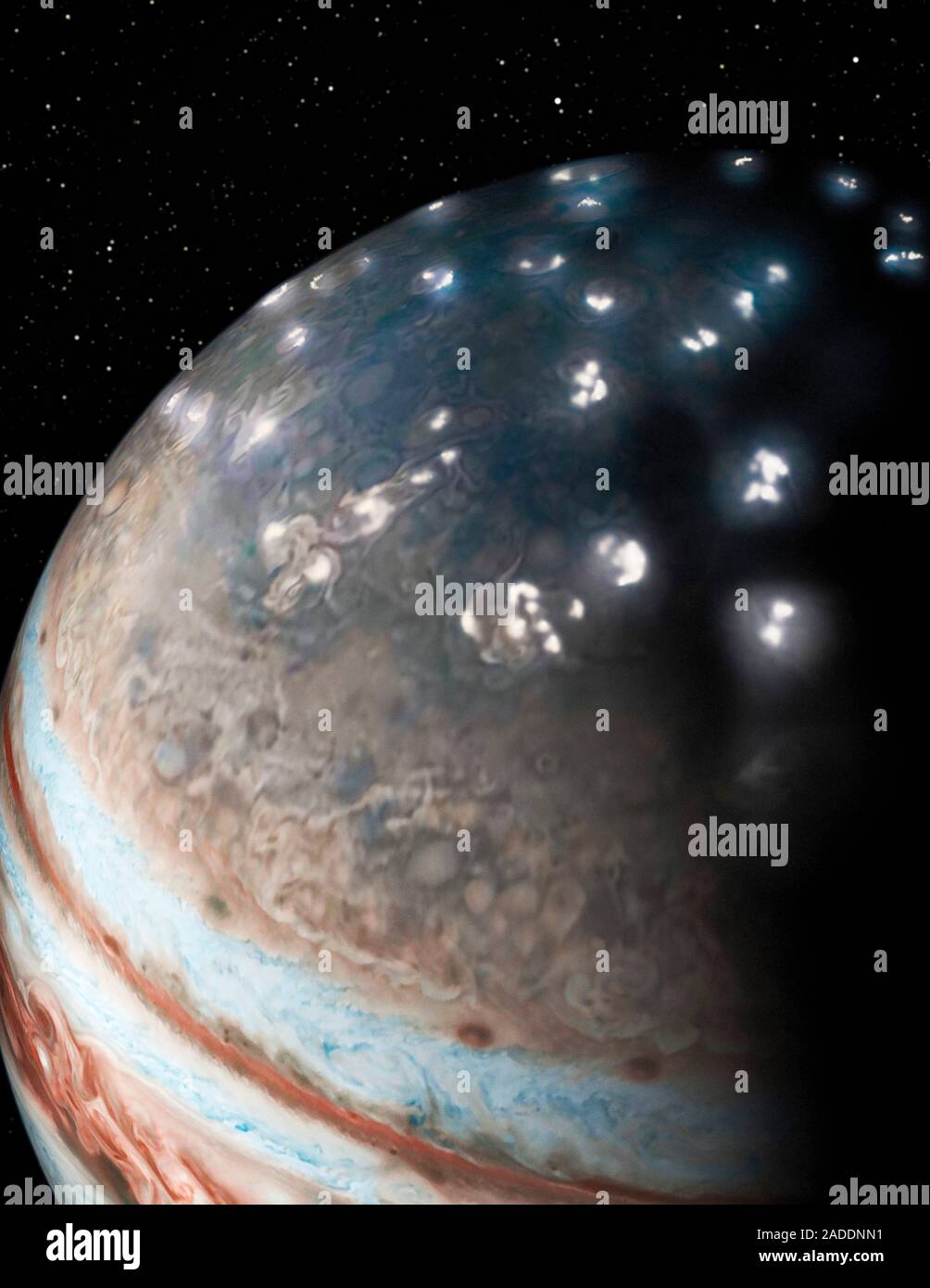 Blitz auf Jupiter, zusammengesetzte Bild. Dieses Bild kombiniert eine JunoCam Bild mit einer ...