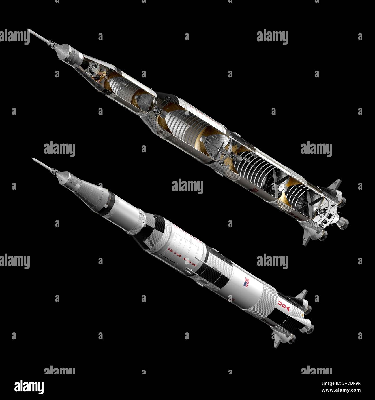 Saturn V Rakete, Illustration. Die interne Struktur und die Apollo-Module und Lander sind im ...