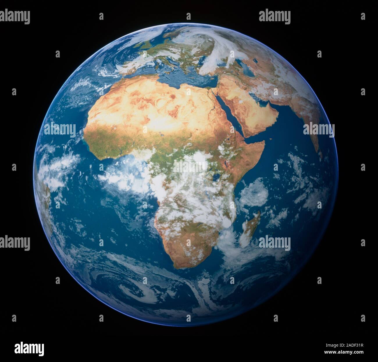 Erde. Satellitenbild der Erde, zentriert auf Afrika. Norden ist oben ...