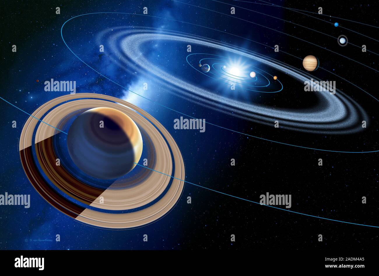 Solar System. Artwork der neun Planeten um die Sonne (oben rechts ...