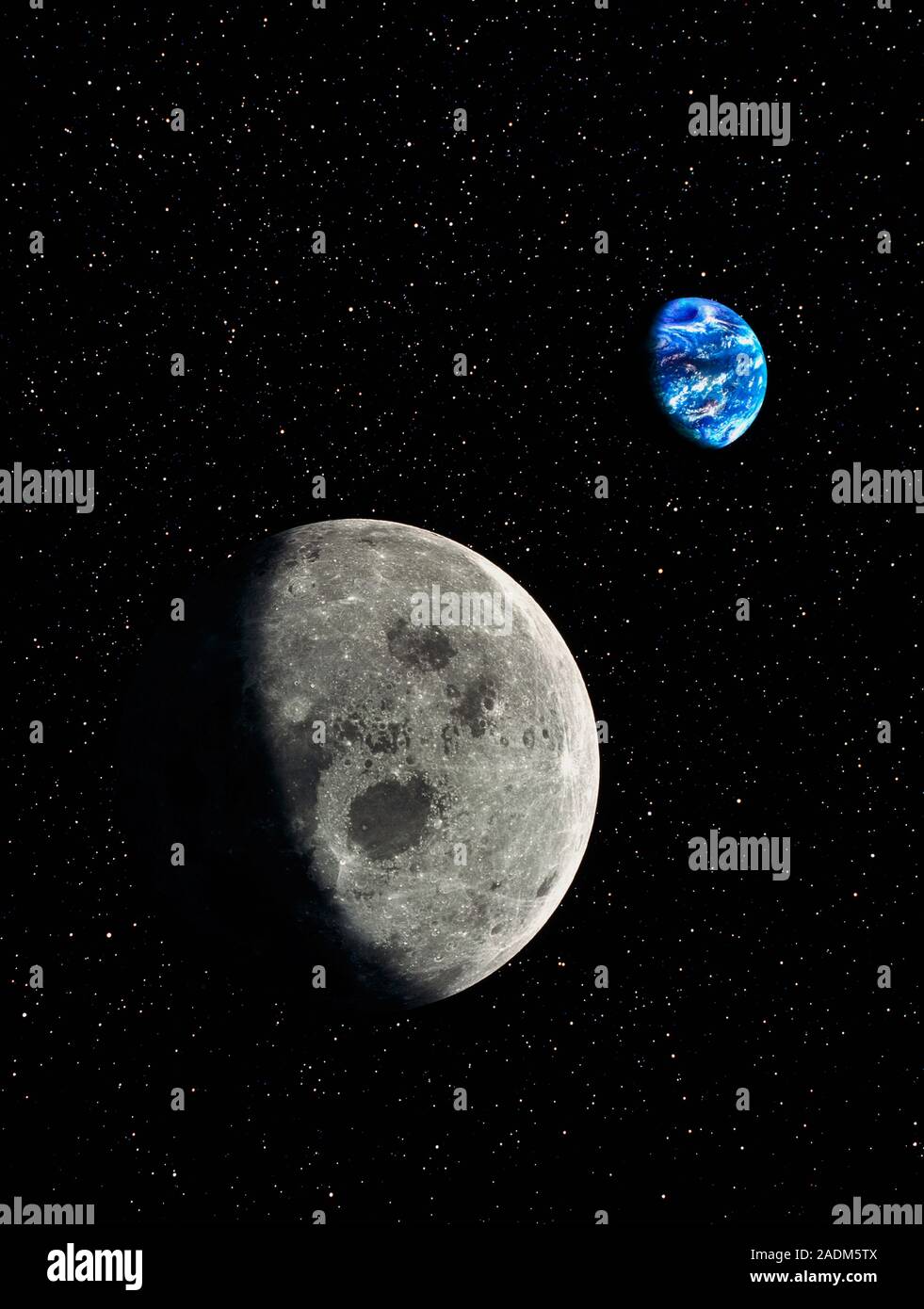 Mond und Erde. Das zusammengesetzte Bild zeigt den Mond (im Vordergrund ...