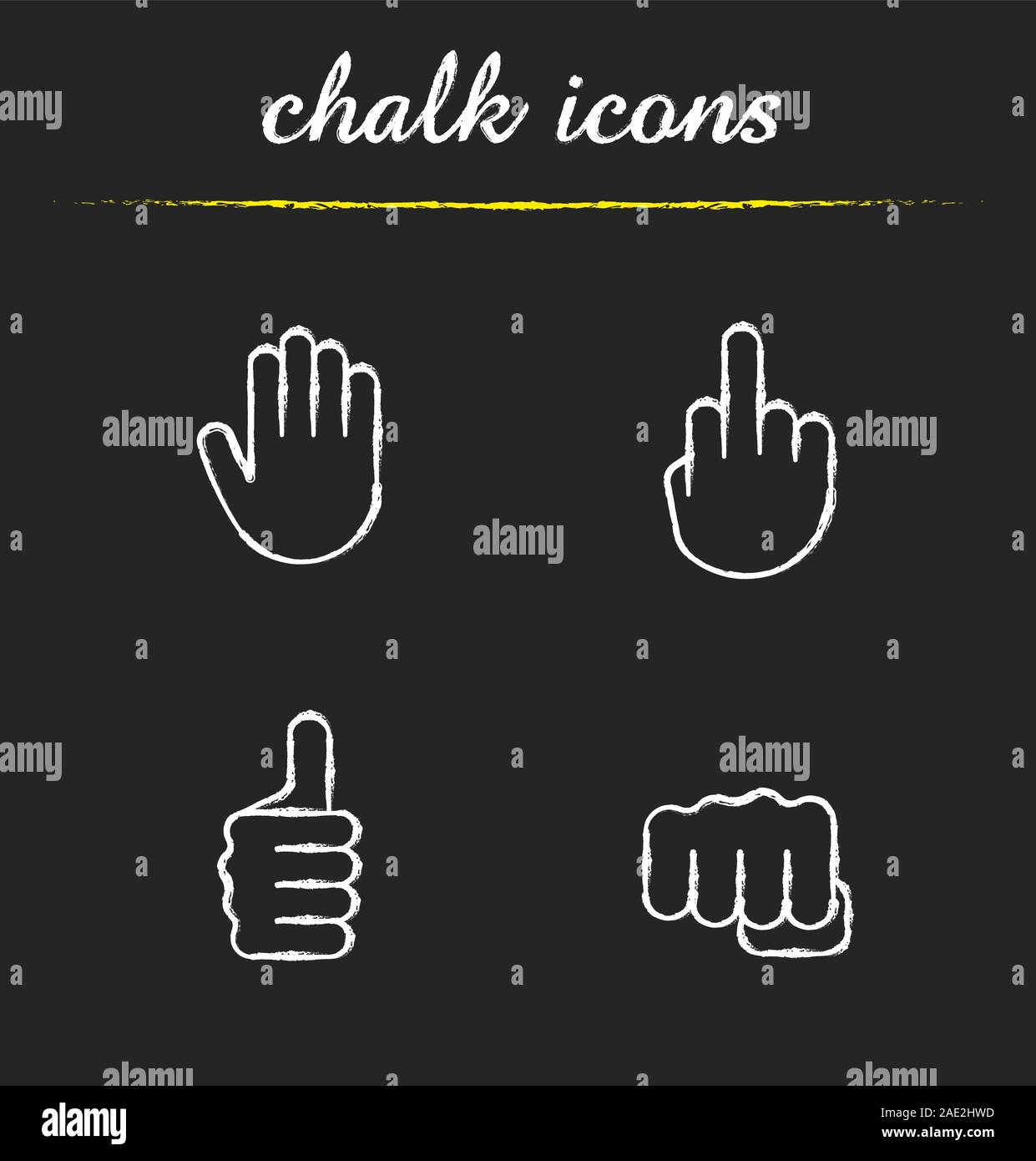 Handgesten chalk Symbole gesetzt. Mittelfinger bis, Palm, Punch, Daumen ...