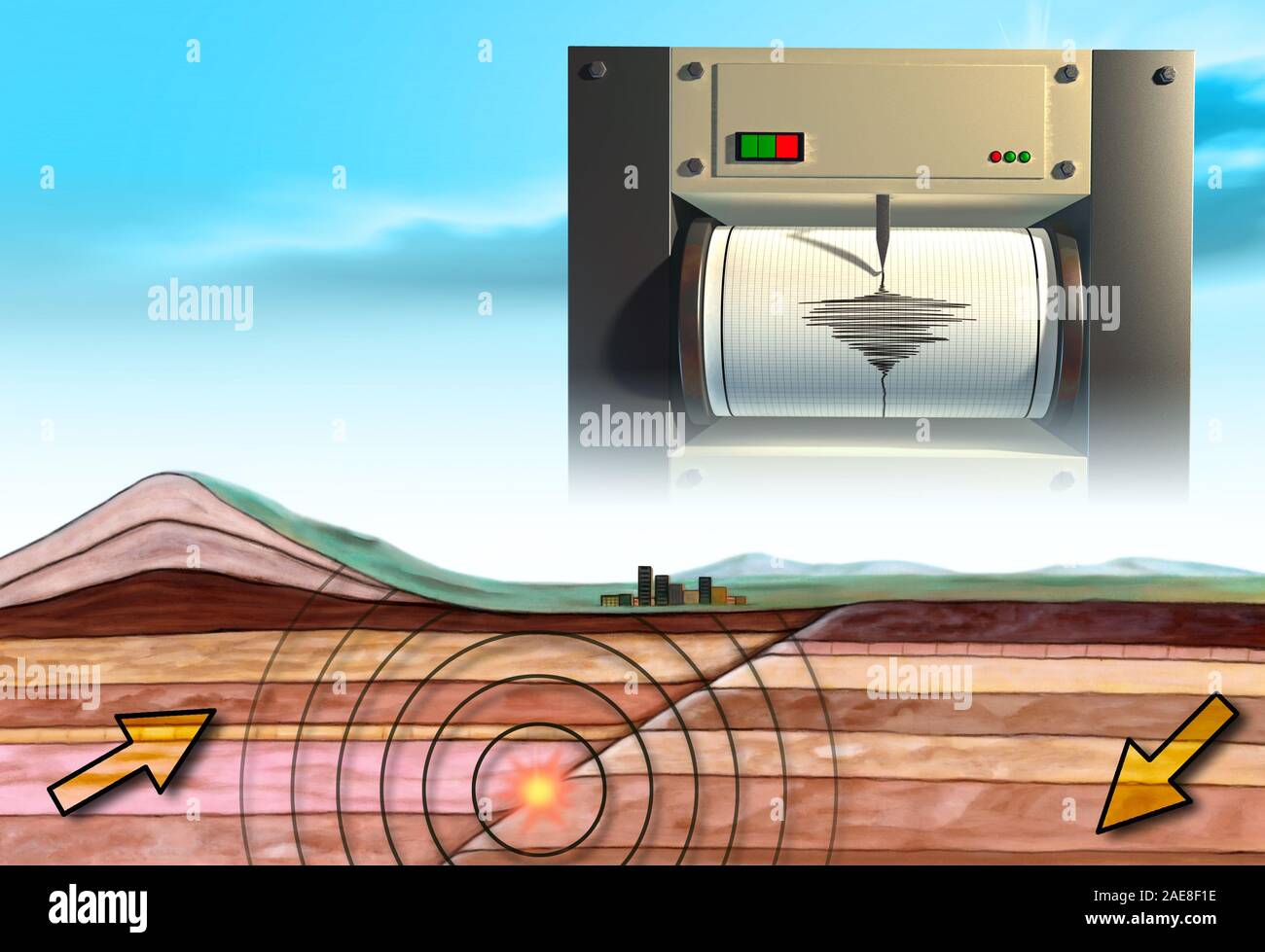 Erdbeben schematische Darstellung einer Erde Querschnitt und ein ...