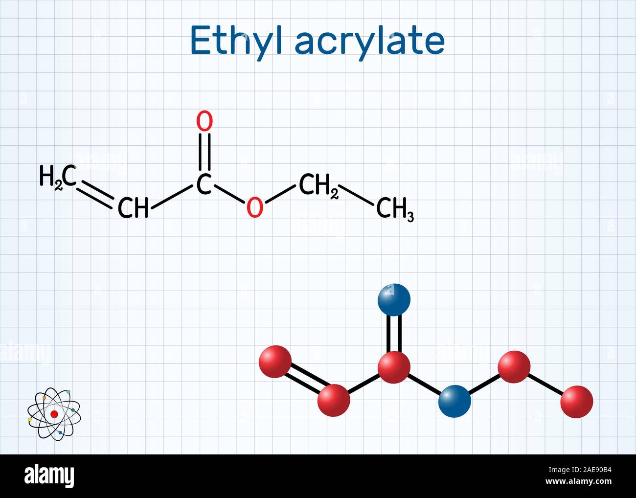Ethyl Acrylat Molekül. Strukturelle chemische Formel und Molekül-Modell ...