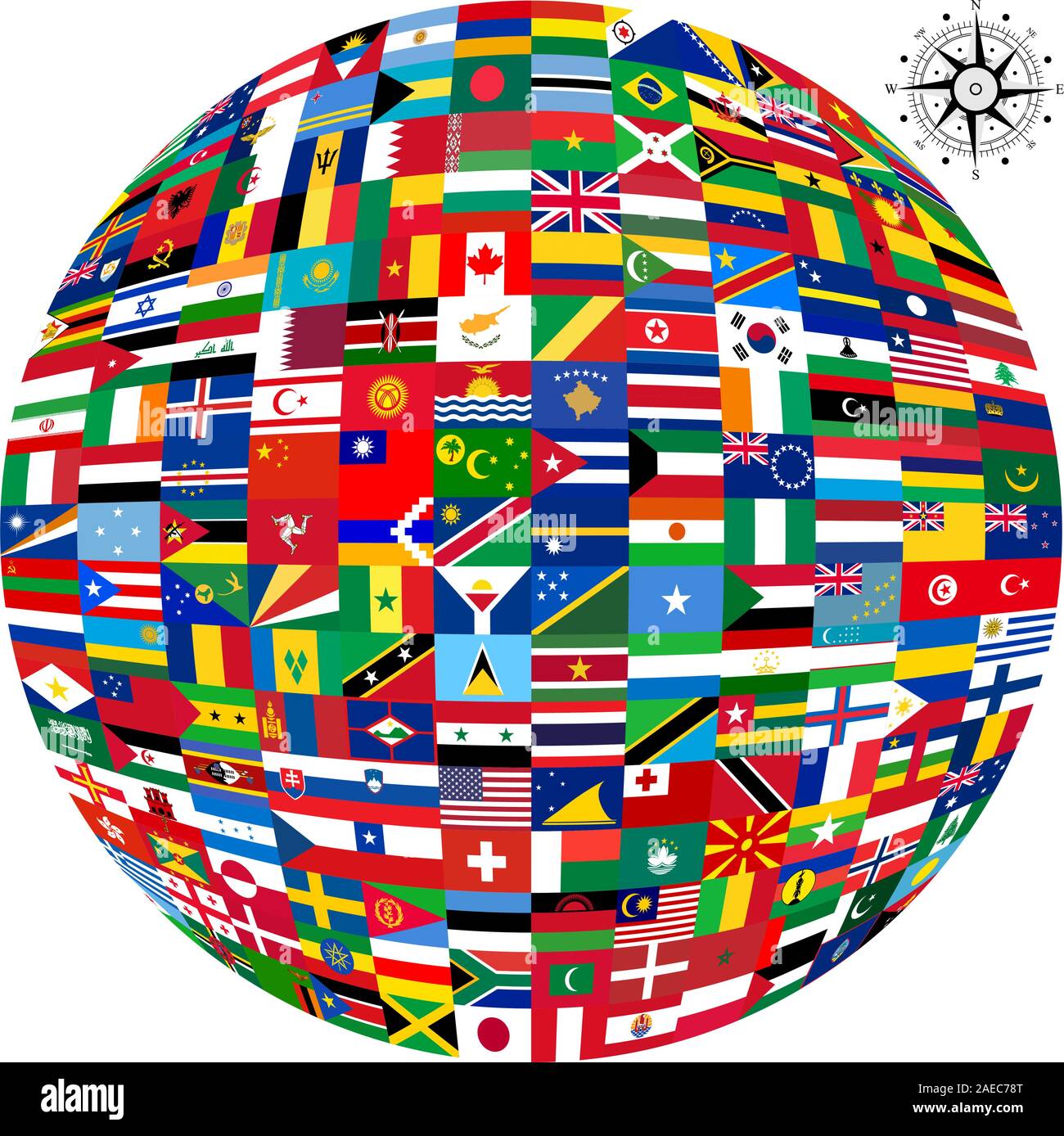 Flaggen der Welt und Karte auf weißem Hintergrund. Vector Illustration ...