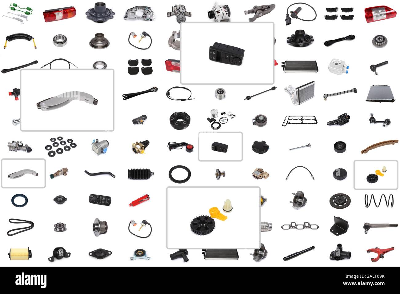 Collage aus verschiedenen Autoteile für Pkw und Lkw mit einem ...