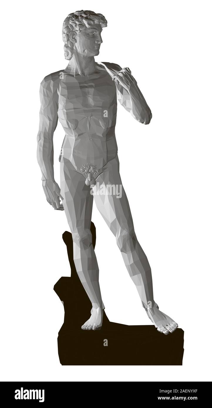 Polygonale Statue des David. Vorderansicht. Auf weissem Hintergrund der ...