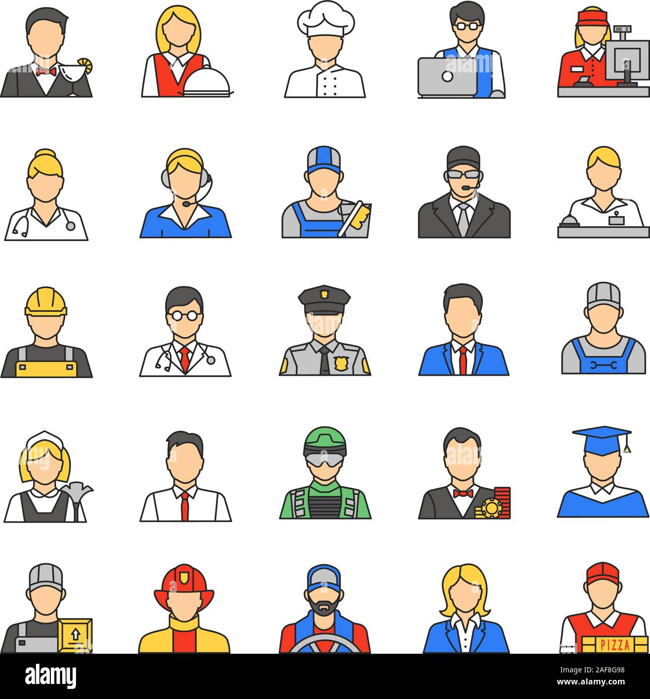 Berufe farbige Symbole gesetzt. Besetzung. Arbeitnehmer. Isolierte ...