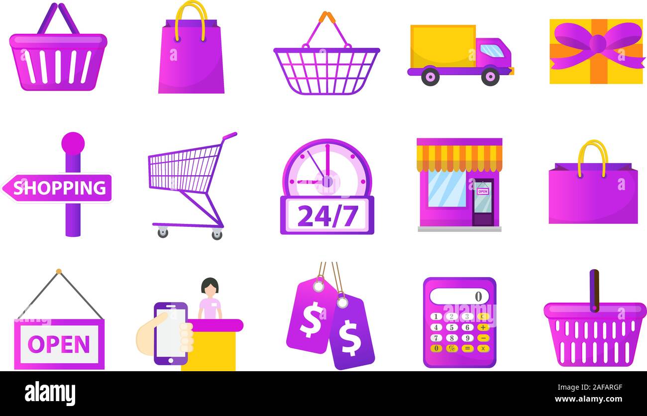 Einkaufen-Icon-Set, flach Stil. Shop-Symbolsammlung isoliert auf weißem ...